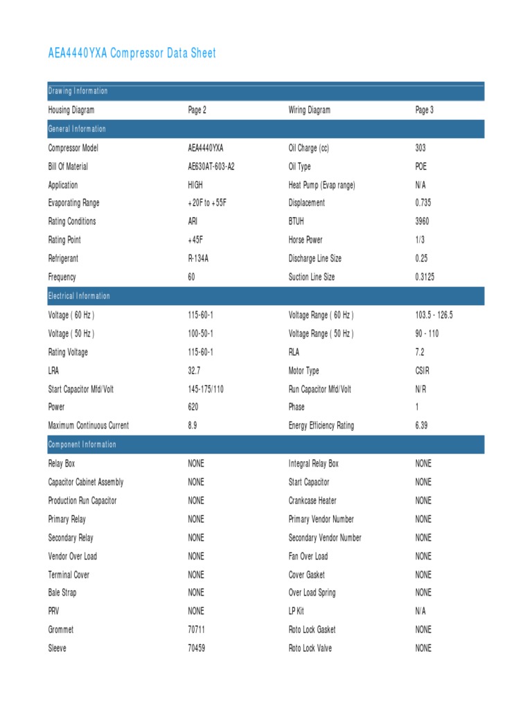 AEA4440YXA Compressor Data Sheet: Drawing Information | PDF