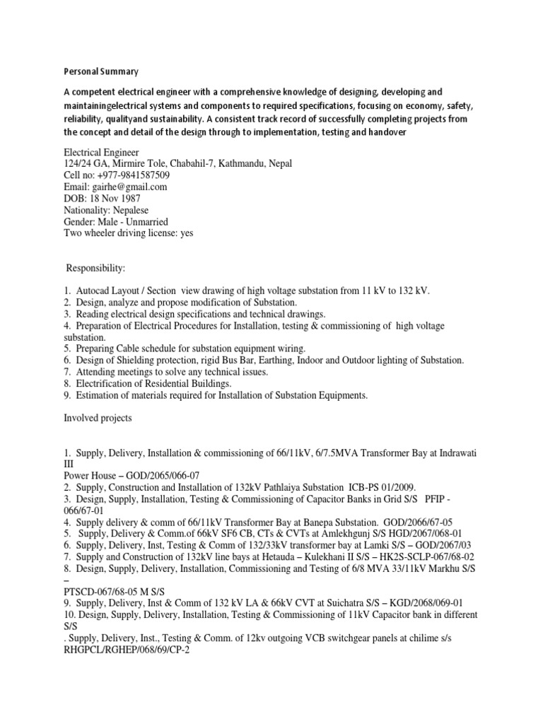 CV Sample | PDF | Electrical Substation | Transformer