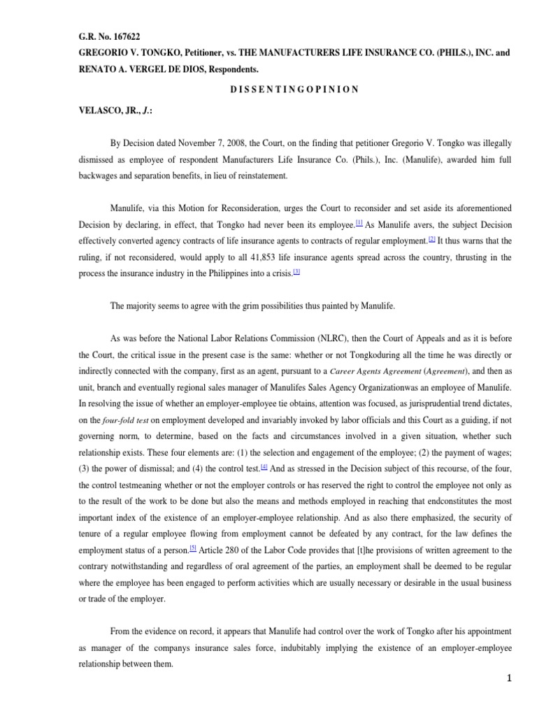 Tongko Vs Manufactures Dissenting | PDF | Employment | Precedent