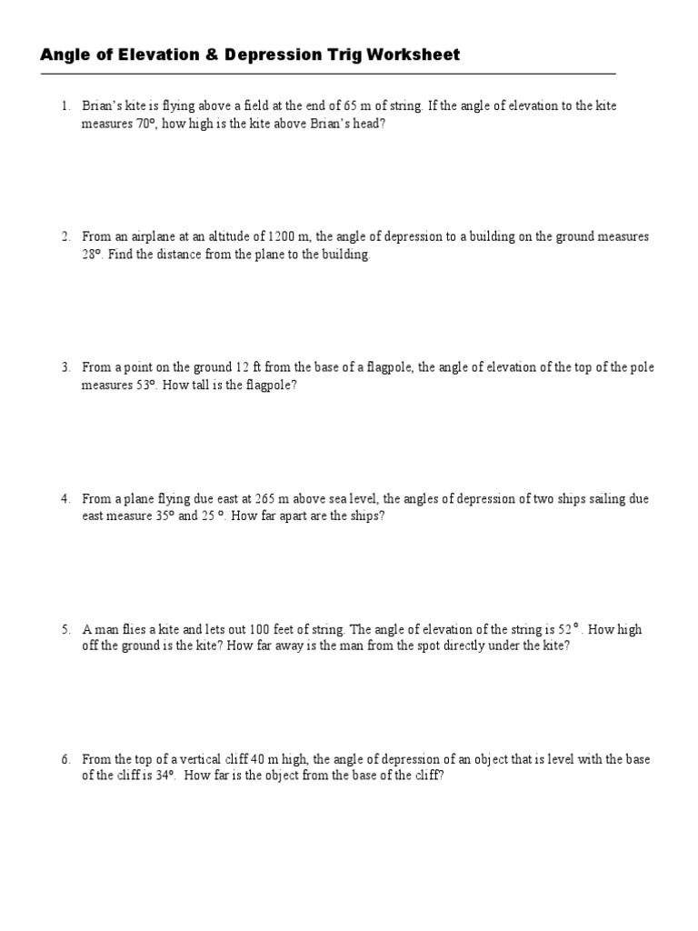 Angle of Elevation & Depression Trig Worksheet | PDF | Triangle | Angle