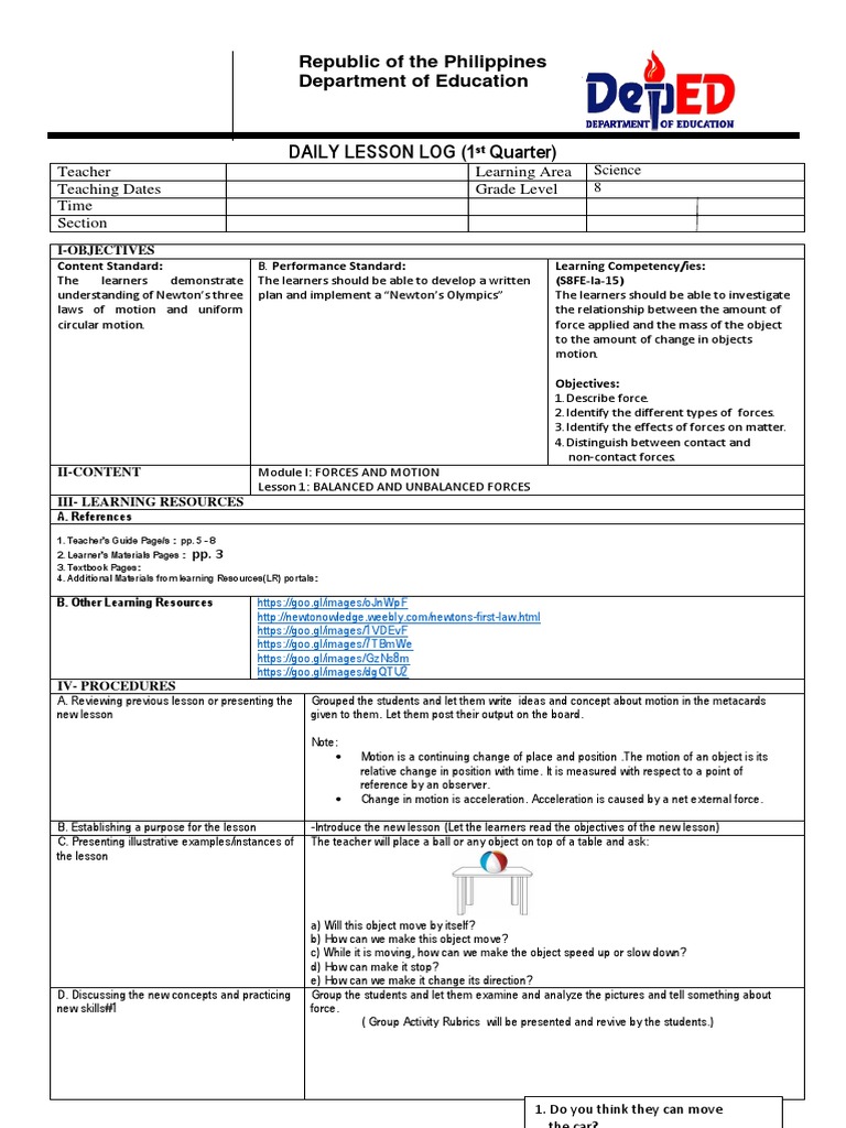 Daily Lesson Log Grade 8 1.A | PDF | Fundamental Interaction | Force