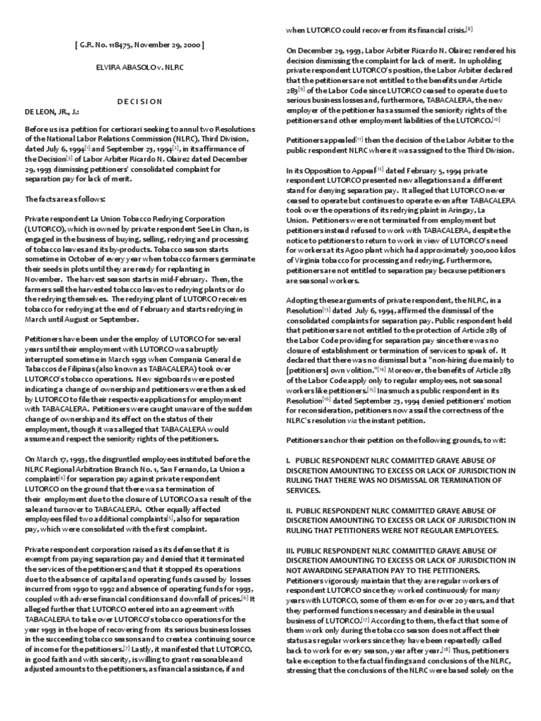 Elvira Abasolo v. NLRC | PDF | Complaint | Employment