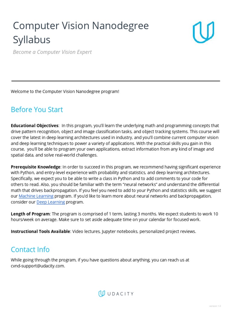 Computer Vision Nanodegree Syllabus: Before You Start | PDF | Deep ...