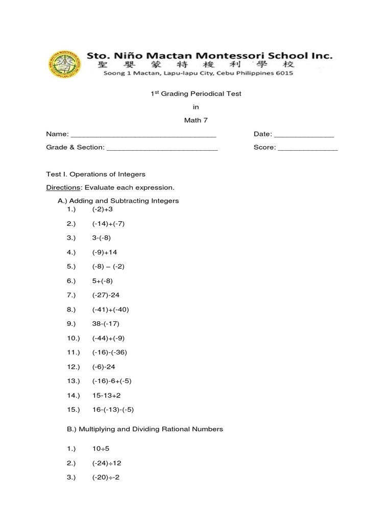 1st Grading Periodical Test in Math 7 | Multiplication | Set (Mathematics)