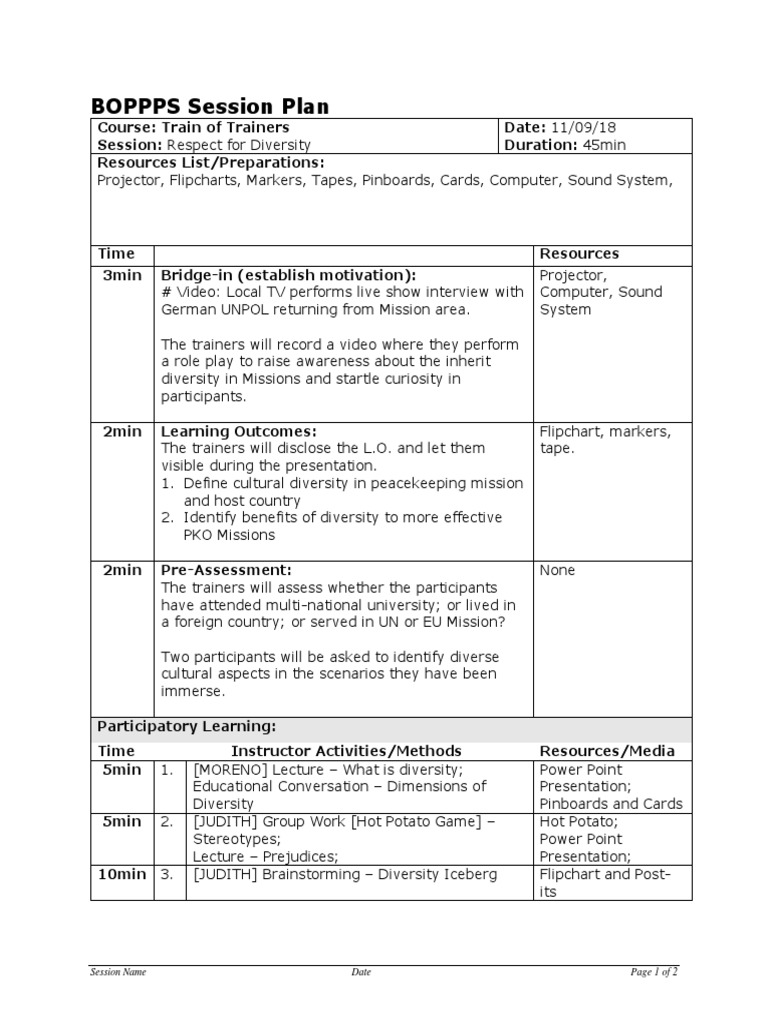 BOPPPS Session Plan - Respect For Diversity | PDF | Applied Psychology ...