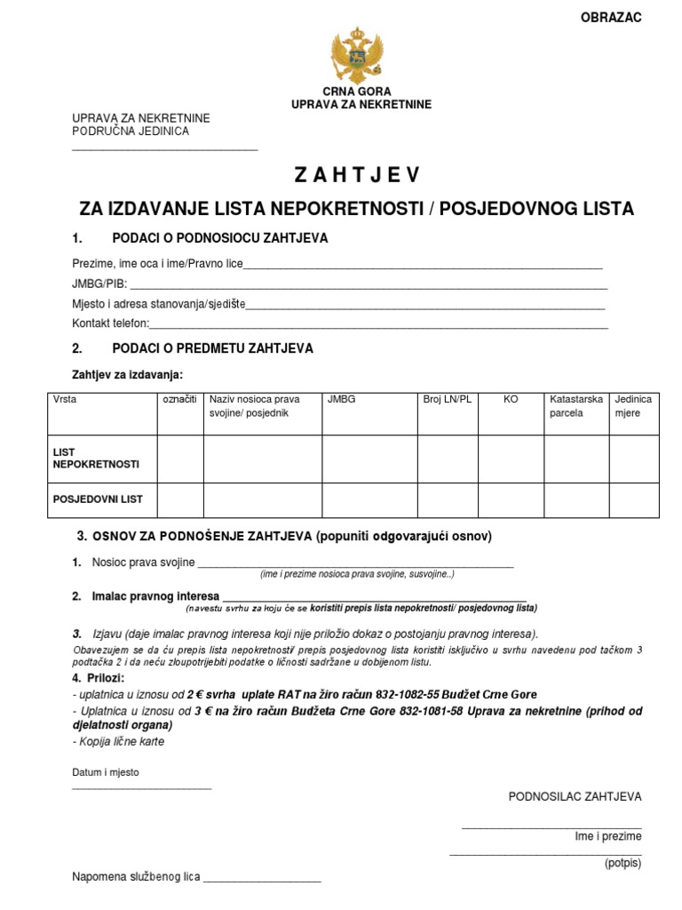 Zahtjev Za Izdavanje Lista Nepokretnosti | PDF