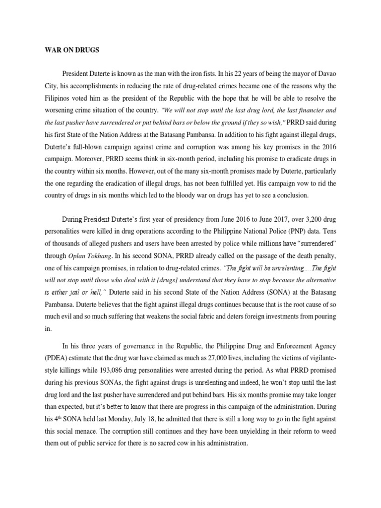 War On Drugs Reflection Paper | PDF | Rodrigo Duterte | Criminal Law