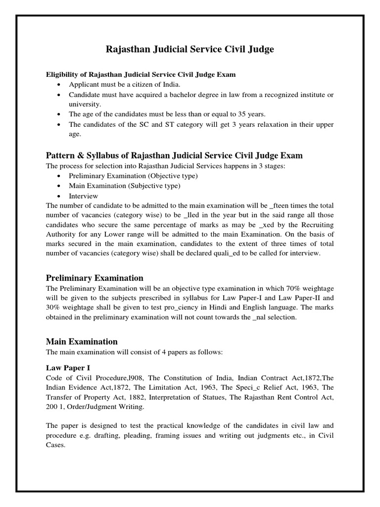 Pattern & Syllabus of Rajasthan Judicial Service Civil Judge Exam | PDF ...