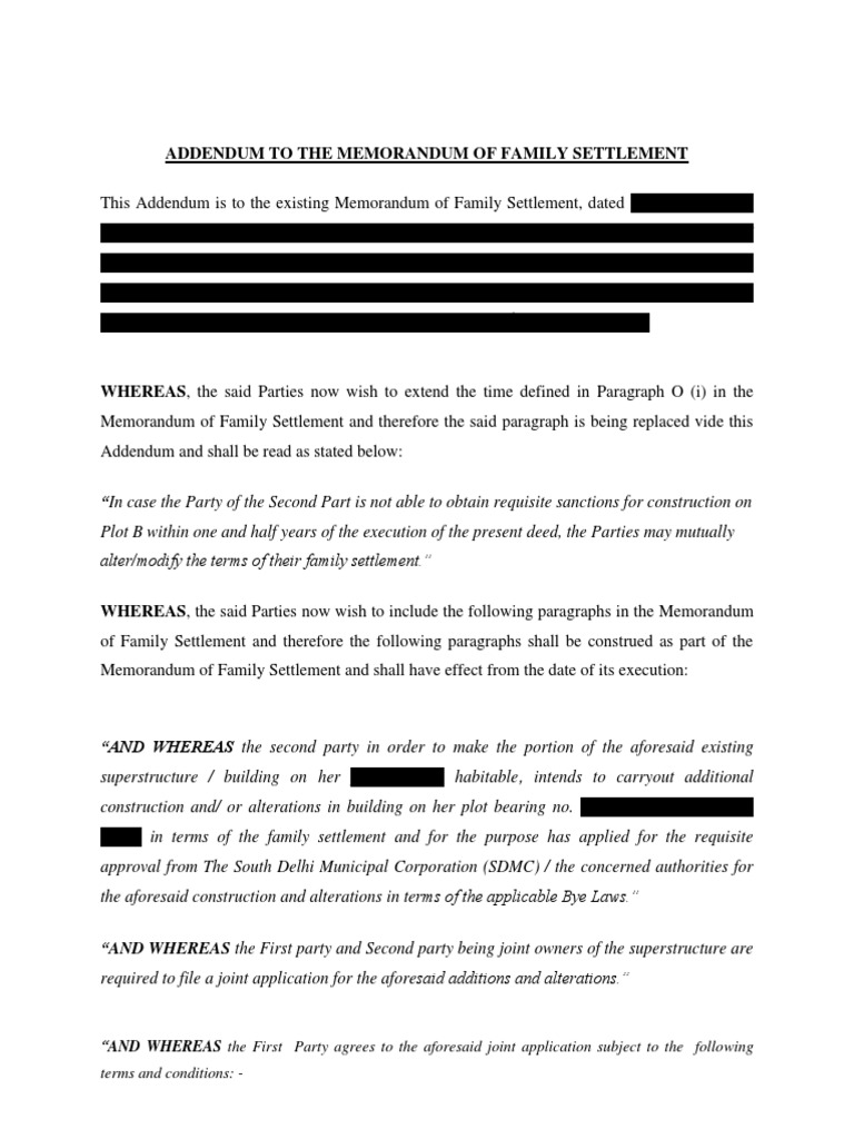 Addendum To The Memorandum of Family Settlement | PDF | Social ...