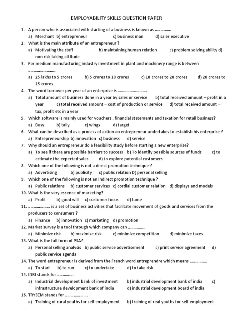 Employability Skills Question Paper 2 | PDF | Entrepreneurship ...