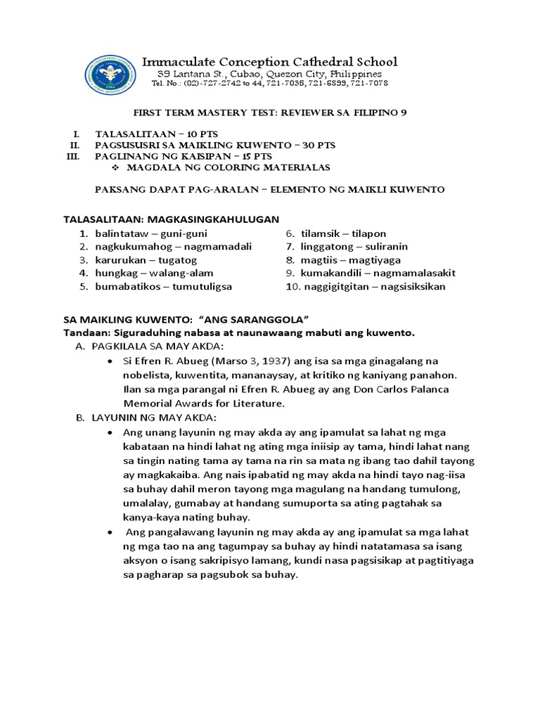 Reviewer Sa Filipino 9 | PDF