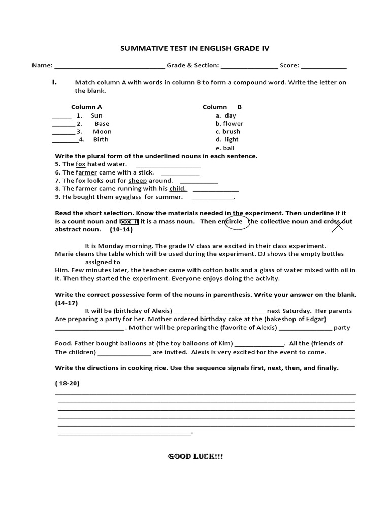 Grade 4 English Summative Test | PDF | Languages | Language Arts ...