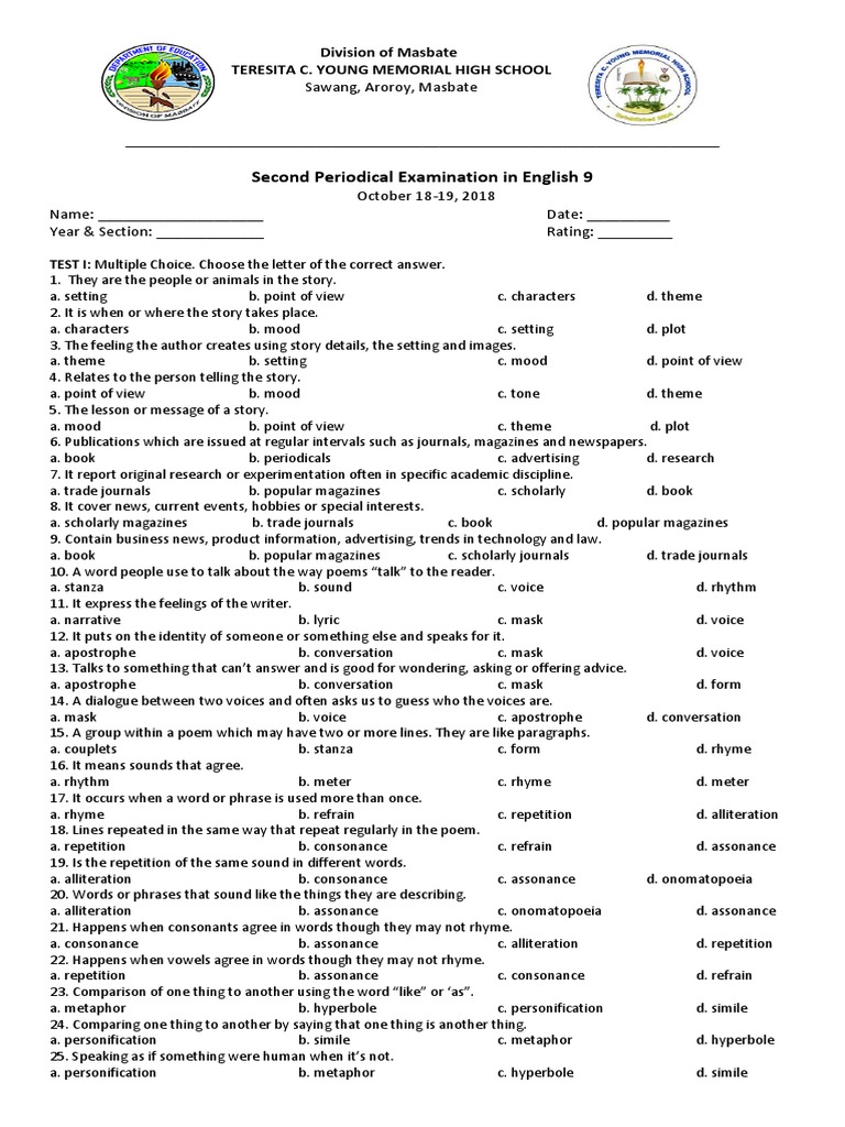Periodic Exam 2019 | PDF | Rhyme | Poetry