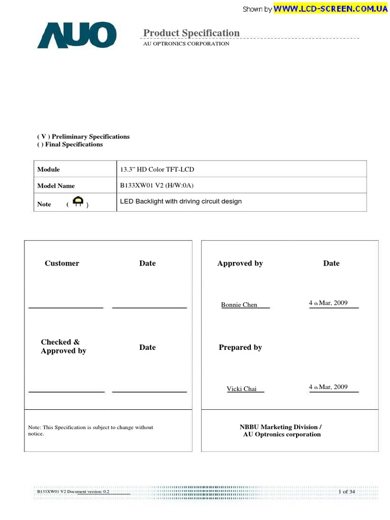 Product Specification: (V) Preliminary Specifications Final ...