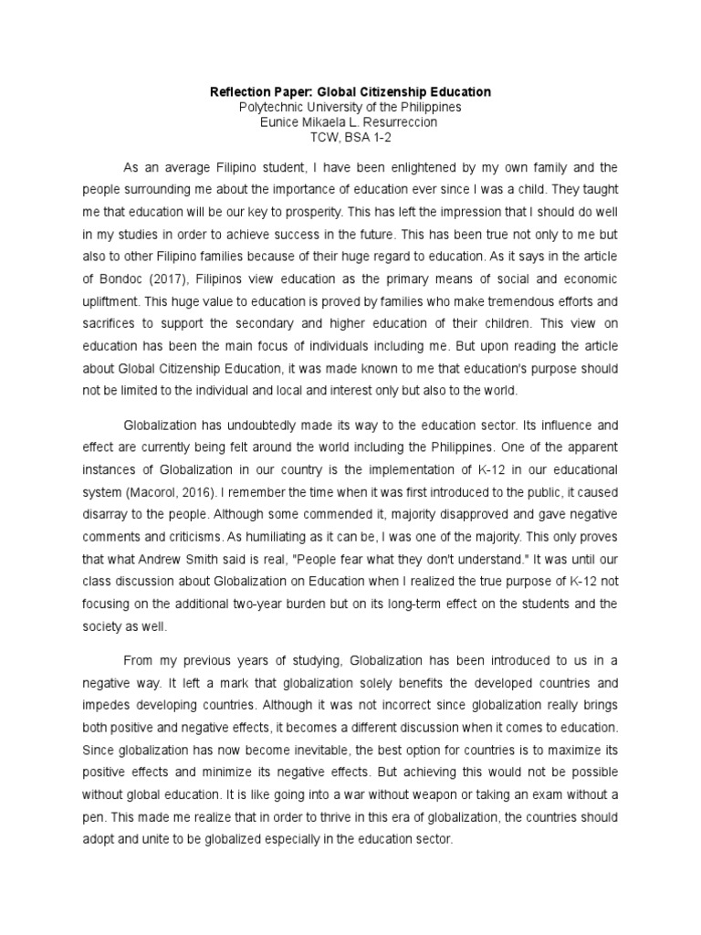 TCW Reflection Paper On Global Citizenship Education EDITED | PDF ...