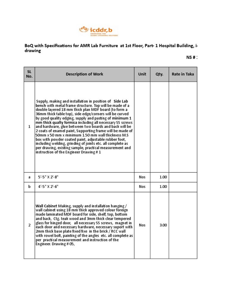 BoQ With Specifications For AMR Lab Furniture at 1st Floor, Part - 1 ...