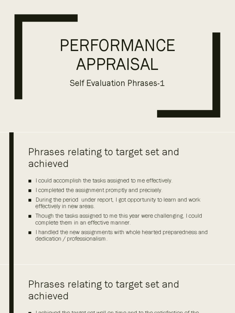 Performance Appraisal: Self Evaluation Phrases-1 | PDF