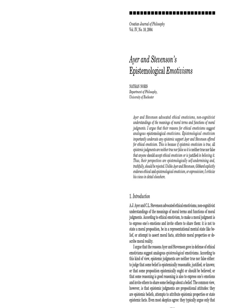 Ayer and Stevenson on Epistemological Emotivism | PDF | Analytic ...