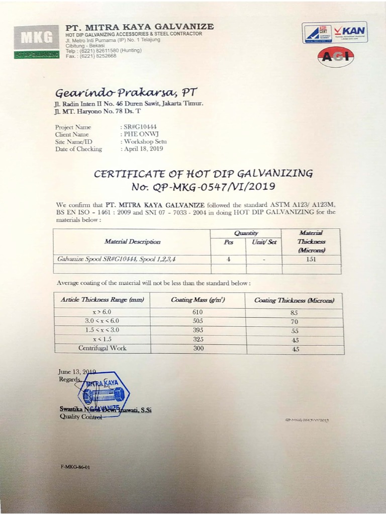 Contoh Sertifikat Galvanis | PDF