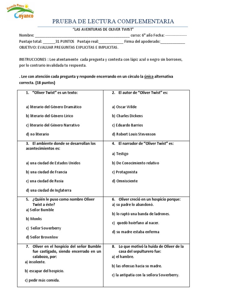 Prueba Del Libro Oliver Twist | PDF | Fagin | Oliver Twist