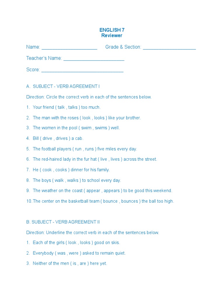 Subject Verb Agreement Reviewer | PDF