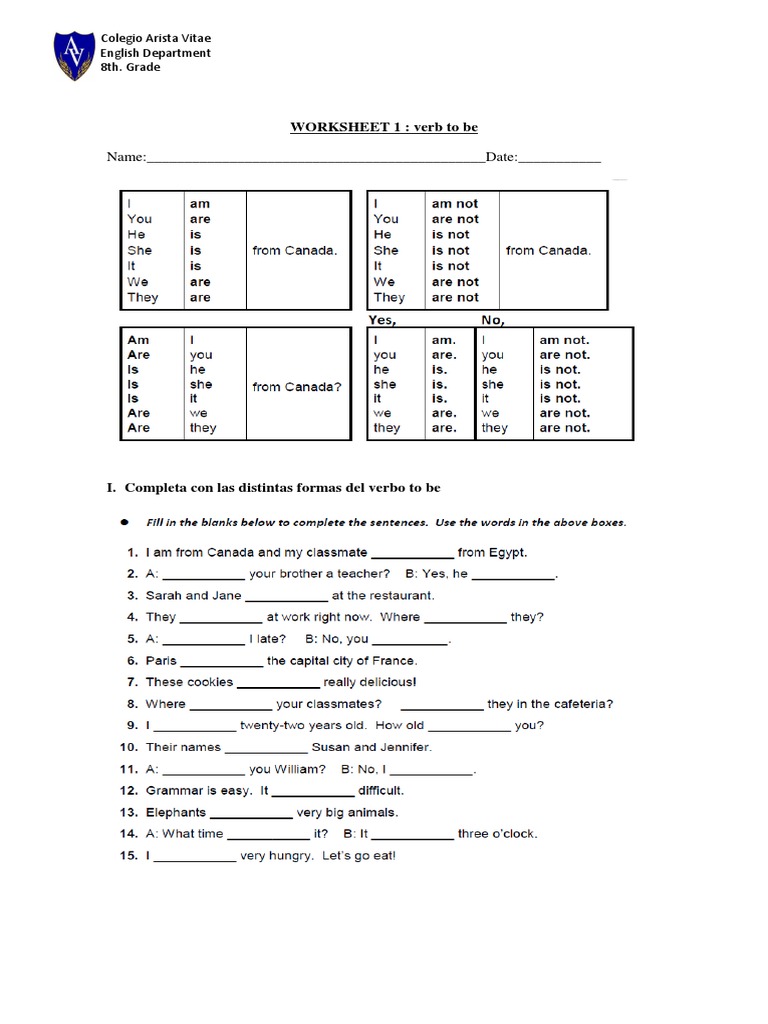 WORKSHEET 1: Verb To Be: Name: - Date | PDF