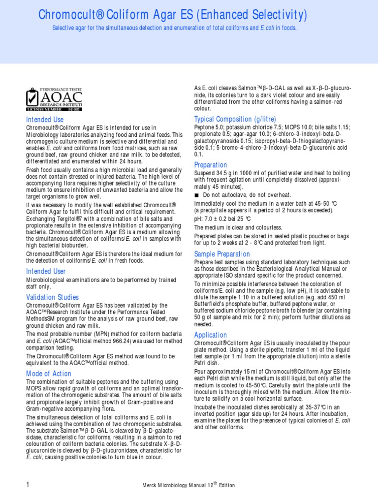 Chromocult Coliform Agar Es | PDF | Colony Forming Unit | Escherichia Coli