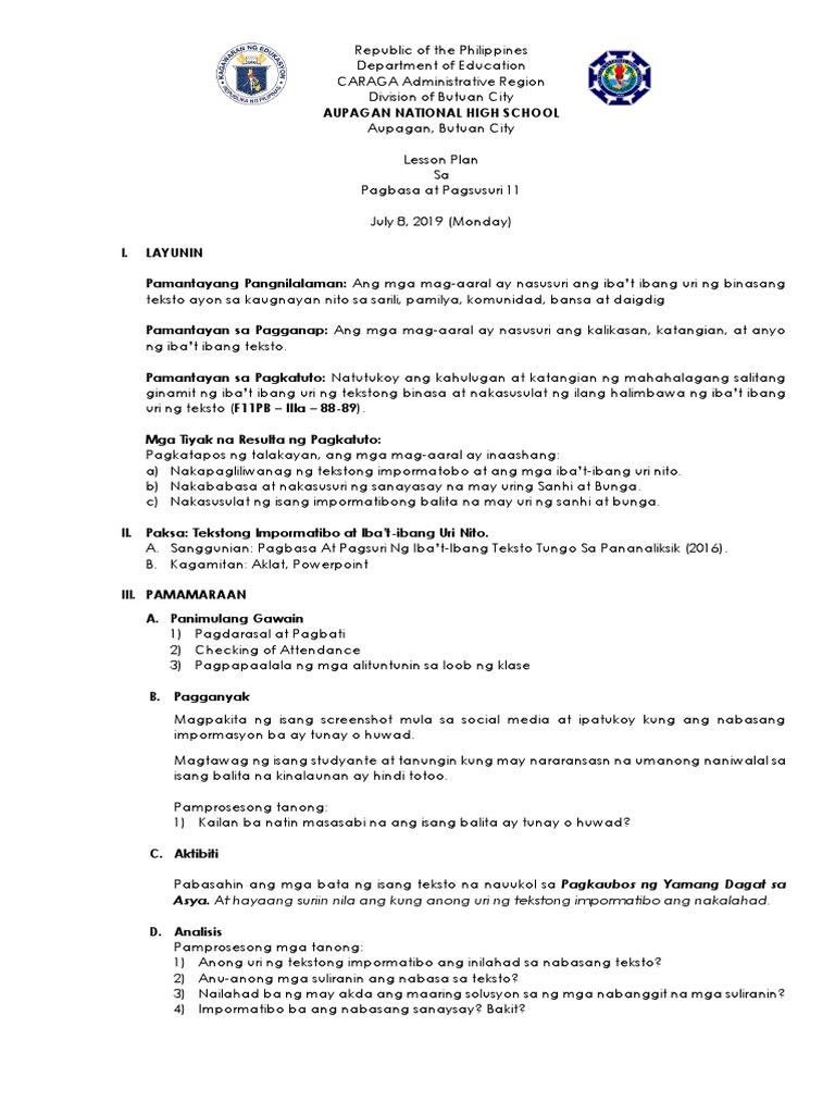 Lesson Plan Sa Pagbasa at Pagsusuri | PDF