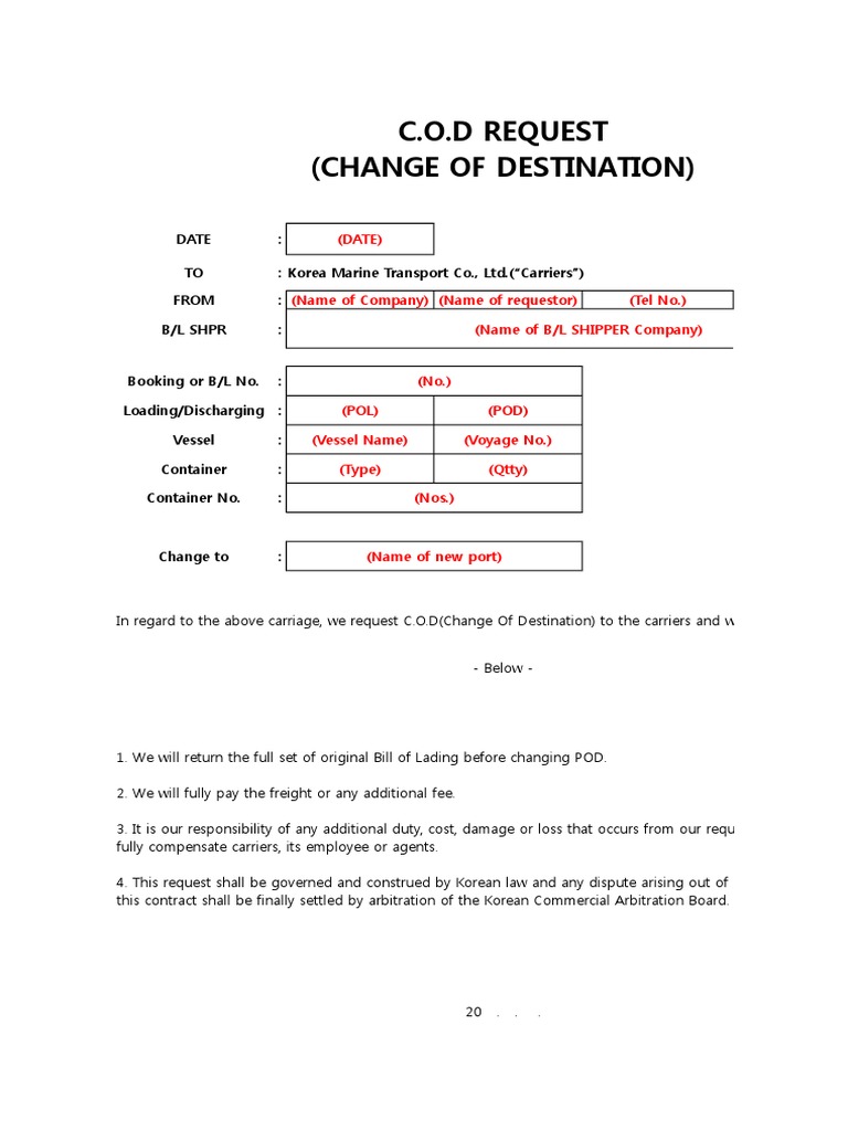 C.O.D Request (Change of Destination) : Date: TO: Korea Marine ...