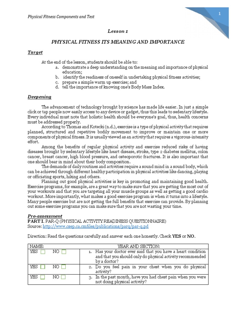 Lesson 1 Physical Fitness Its Meaning and Importance: Target | PDF ...