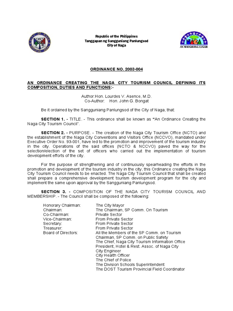An Ordinance Establishing the Naga City Tourism Council to Strengthen ...