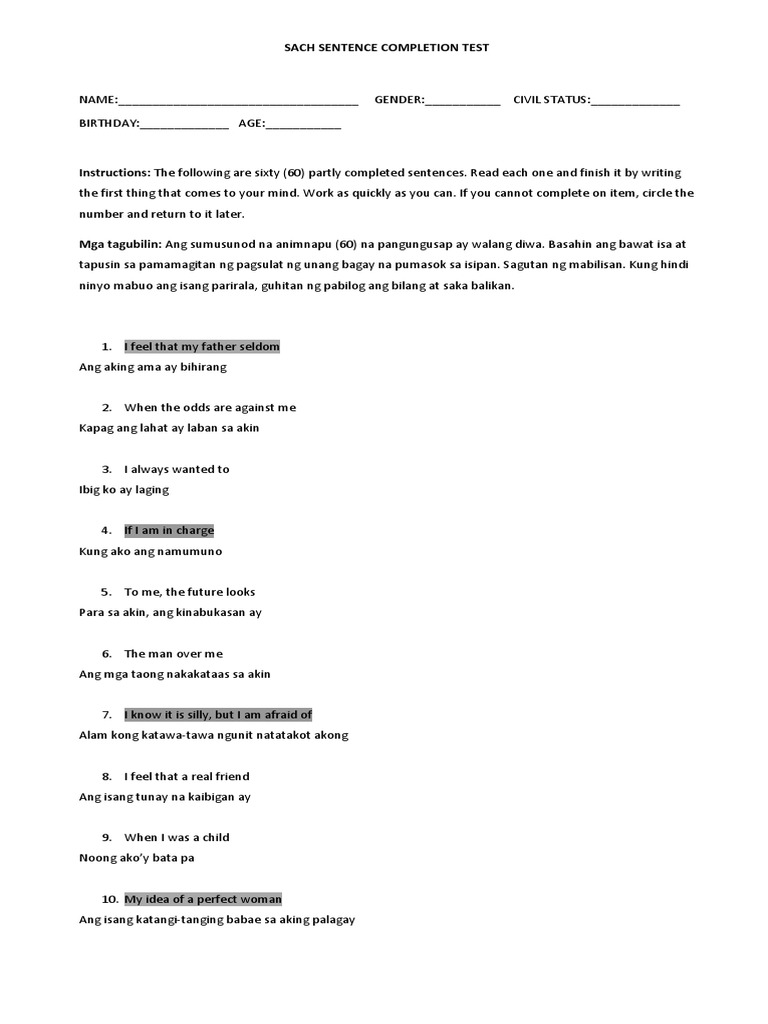 SSCT Questionnaire (Complete) | PDF