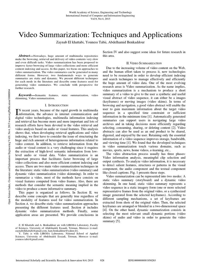 Video Summarization Techniques and Applications | PDF | Cluster ...