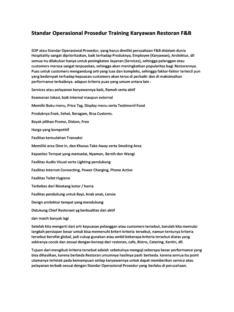 STANDAR OPERASIONAL PROSEDUR PELATIHAN KARYAWAN RESTORAN | PDF