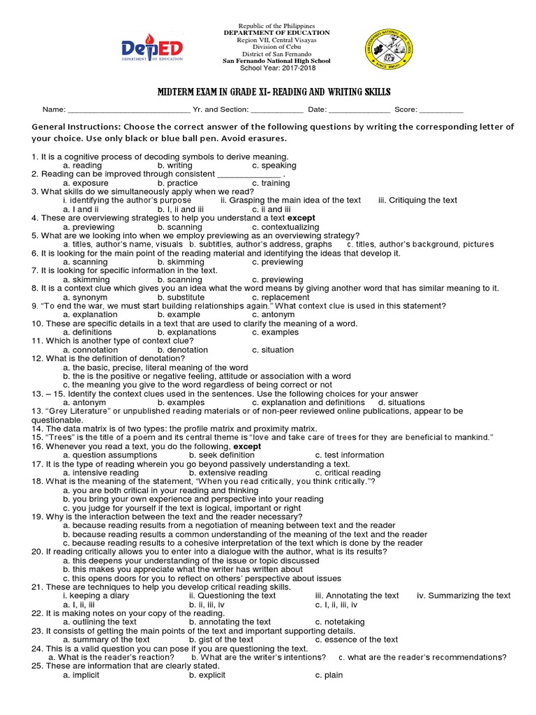 Grade 11 Reading & Writing Exam | PDF | Speed Reading | Argument