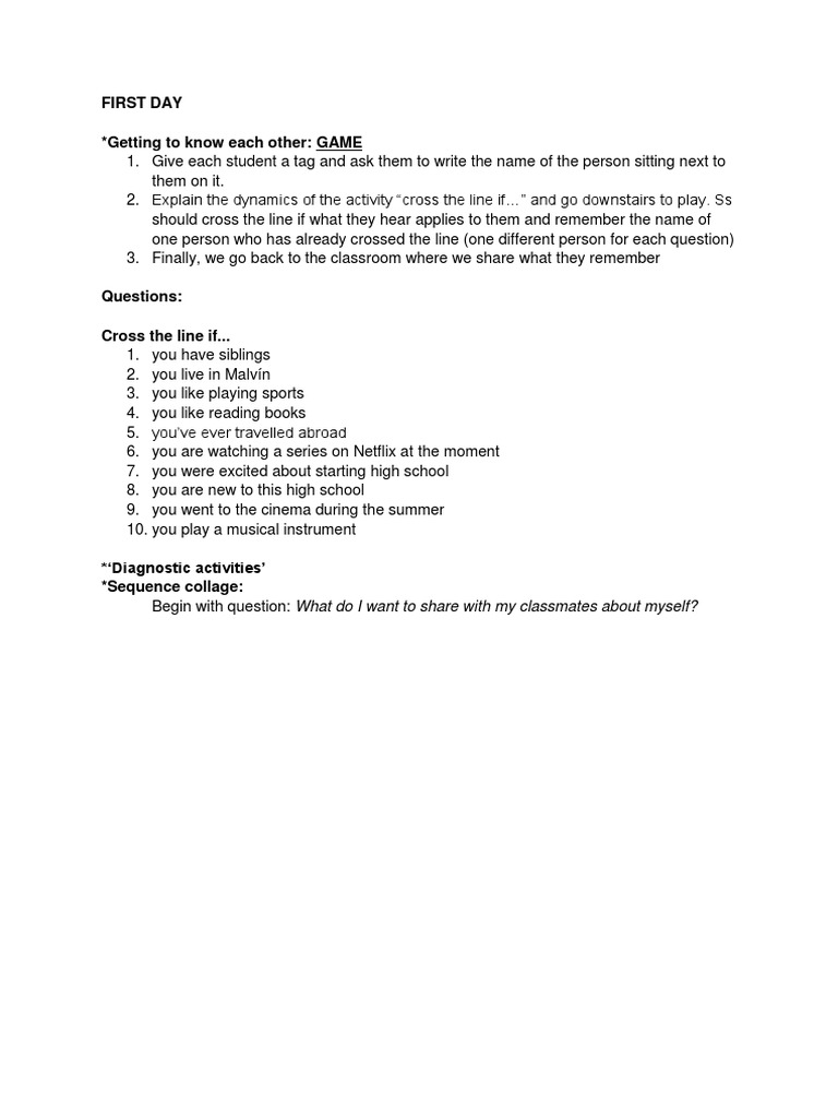 First Day Getting To Know Each Other: GAME | PDF