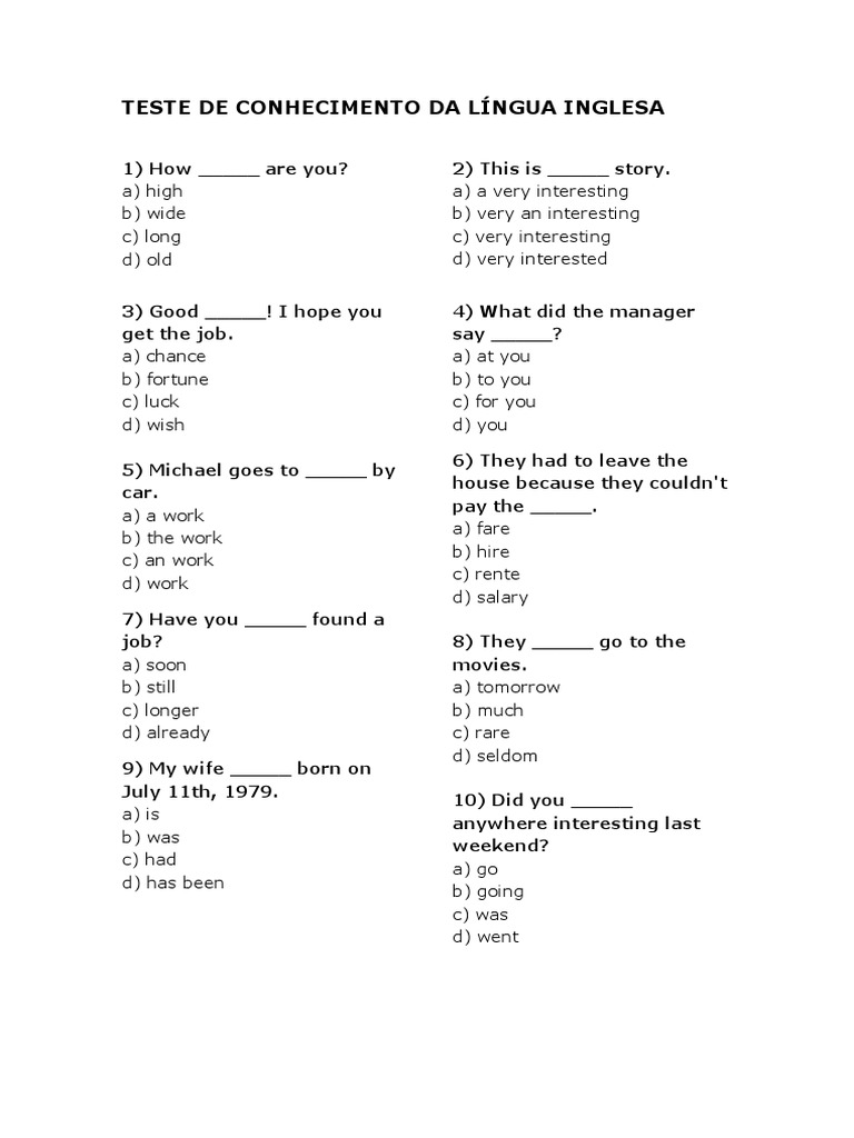 Teste de Conhecimento Da Língua Inglesa | PDF