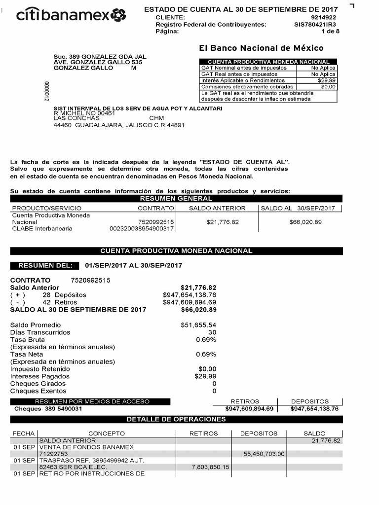 Banamex 389-5490031 Estado de Cuenta Septiembre 2017 | PDF | Internet | Bancos