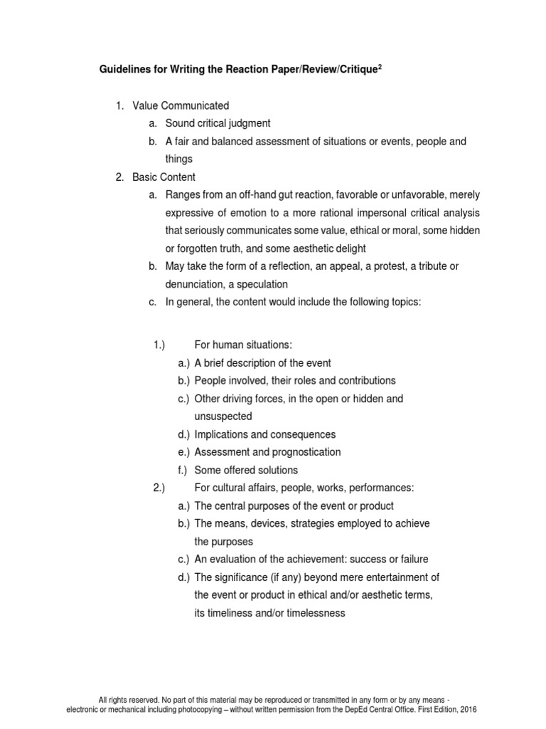 Guidelines For Writing The Reaction Paper Pdf Aesthetics Emotions