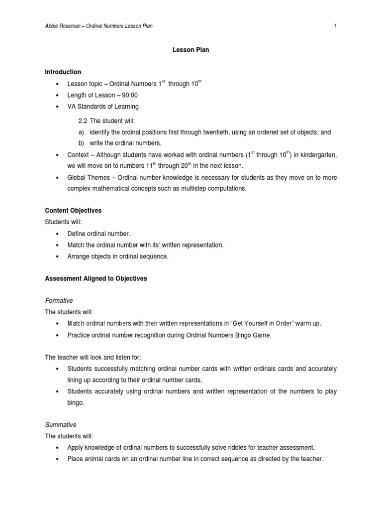 Grade 1 Ordinal Numbers Lesson Plan | PDF | Lesson Plan | Reading ...