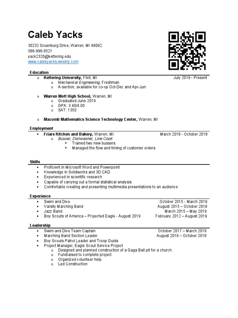 Caleb Yacks: Mechanical Engineering Resume | PDF