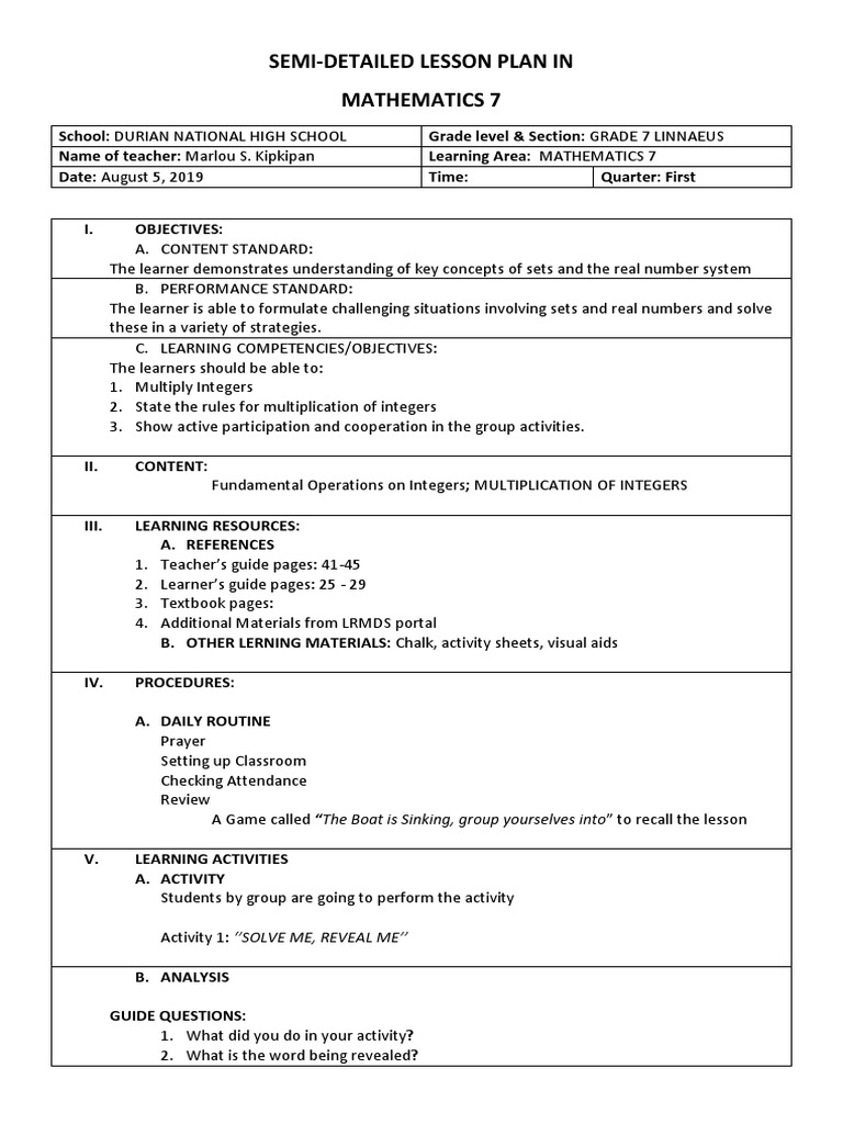 Semi-Detailed Lesson Plan in Mathematics 7 | Download Free PDF ...