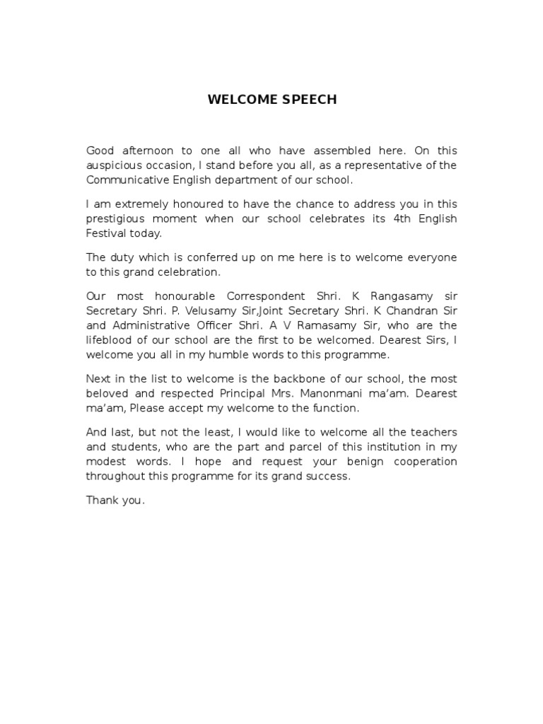 Welcome Speech for English Festival | PDF | Language Arts & Discipline ...