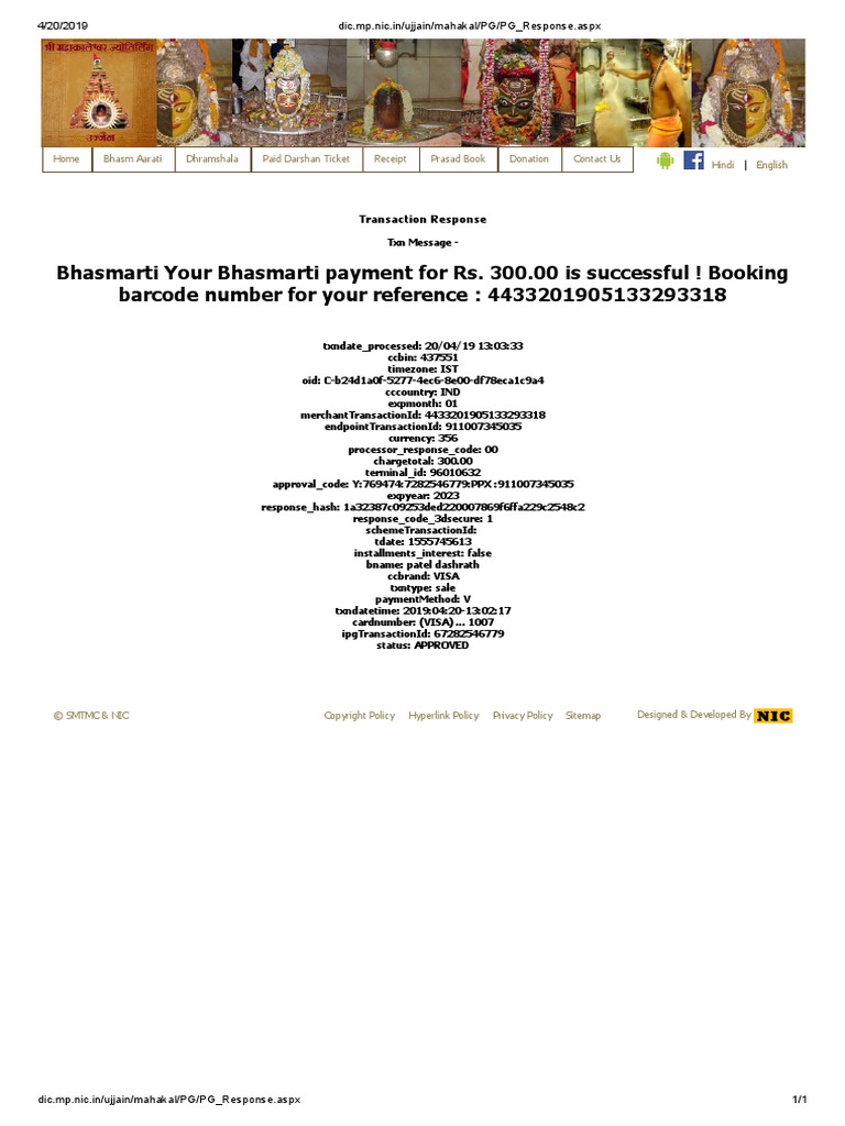 Bhasmarti Your Bhasmarti Payment For Rs. 300.00 Is Successful ! Booking ...