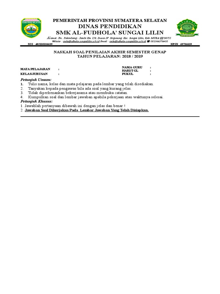 Kop Soal Pts-Uts 2019 New | PDF