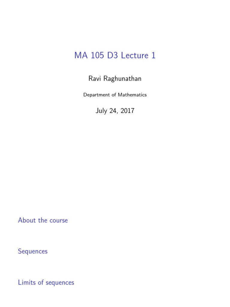 MA 105 D3 Lecture 1: Ravi Raghunathan | PDF | Limit (Mathematics ...