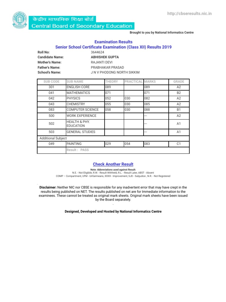 CBSE - Senior School Certificate Examination (Class XII) Results 2019 ...