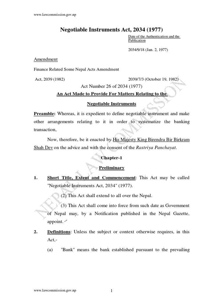 Negotiable Instruments Act 2034 1977 | PDF | Negotiable Instrument | Cheque