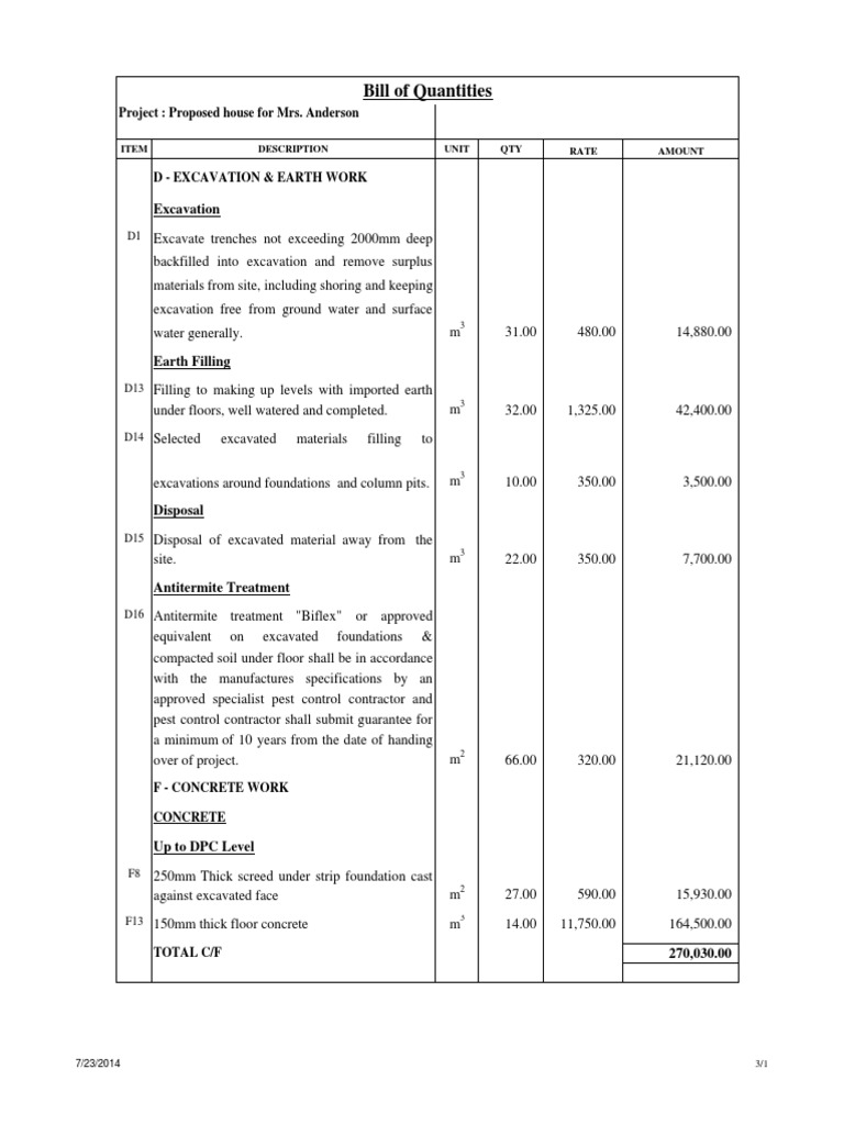 Bill of Quantities: Excavation | PDF | Foundation (Engineering ...