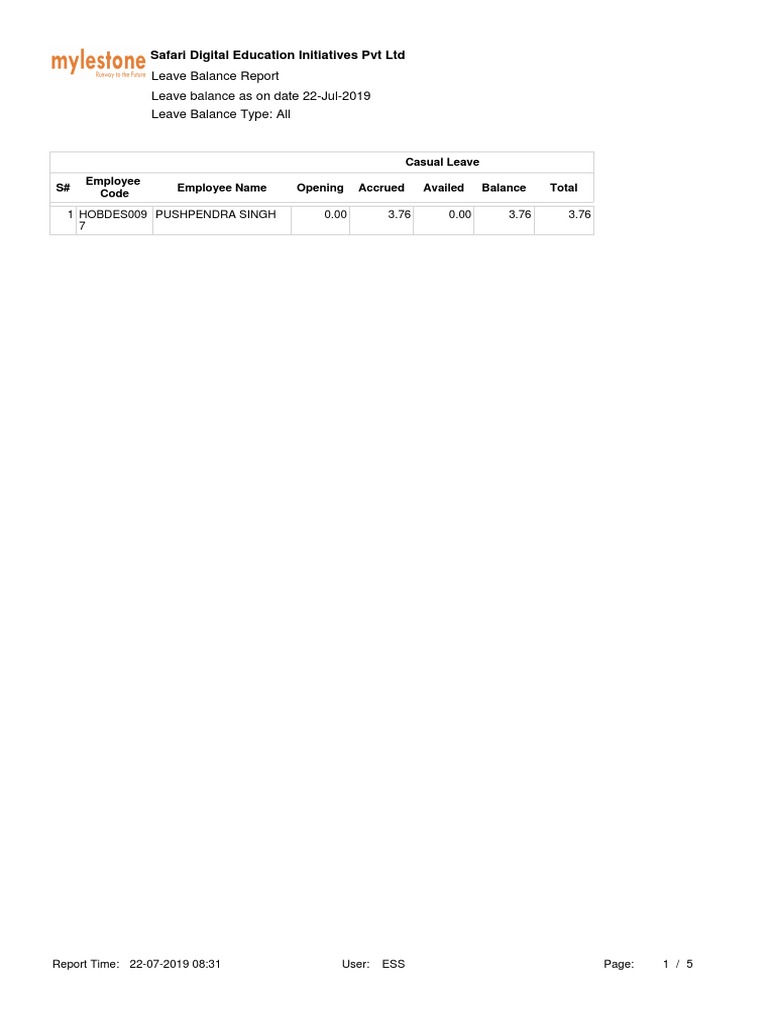 Leave Balance Report Leave Balance As On Date 22-Jul-2019 Leave Balance ...